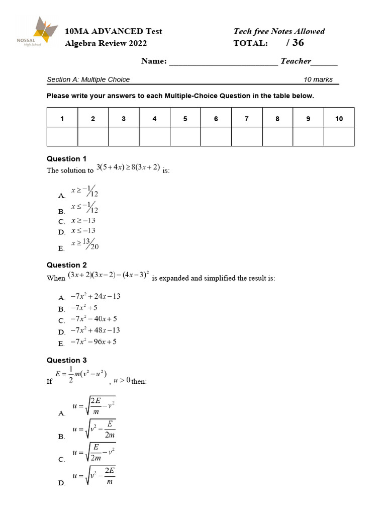 2022 Algebra Review 10ADV Test FINAL | PDF | Line (Geometry) | Equations
