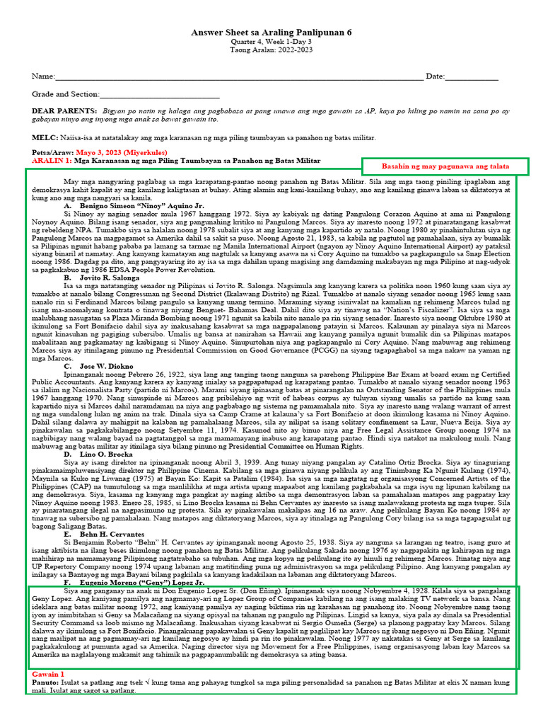 Q4 W1.1 Ap Answer Sheet | PDF