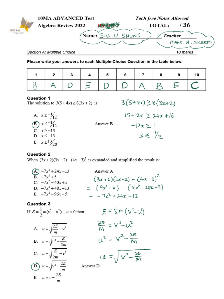 2022 Algebra Review 10adv Test Solutions | PDF | Line (Geometry) | Speed
