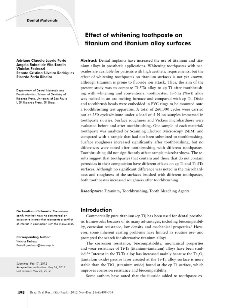Effect of Whitening Toothpaste On Titanium and Titanium Alloy Surfaces ...
