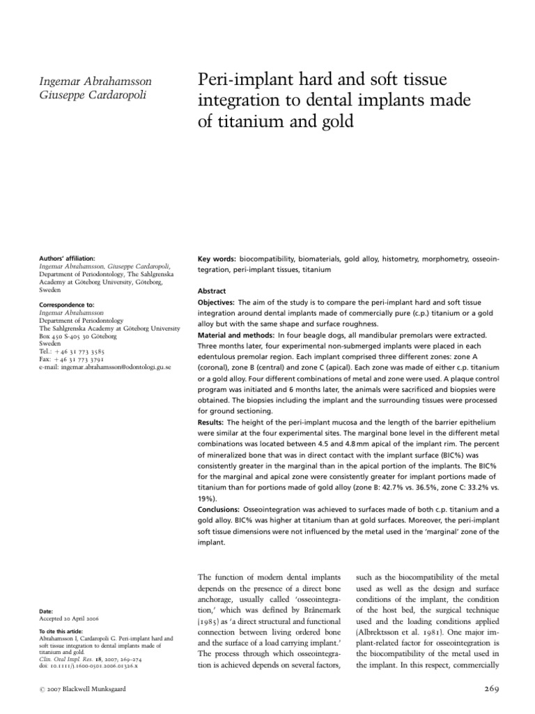 Peri-Implant Hard and Soft Tissue Integration To Dental Implants Made ...