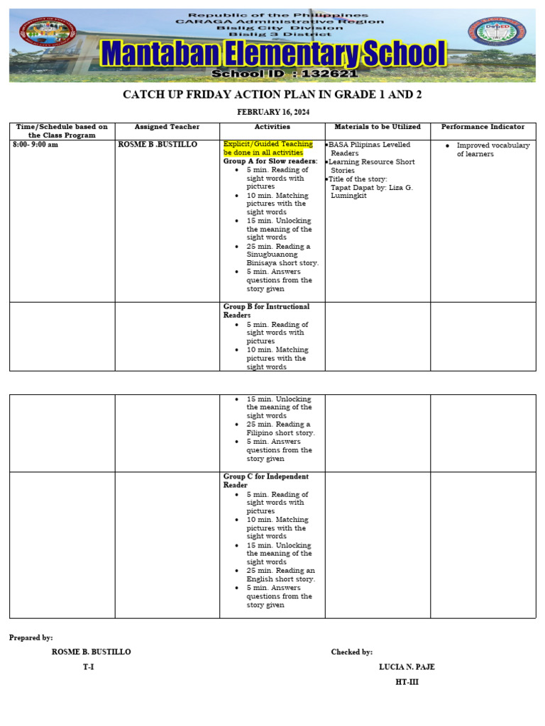 Catch Up Friday Action Plan in Grade 1 and 2 MG | PDF | Applied ...