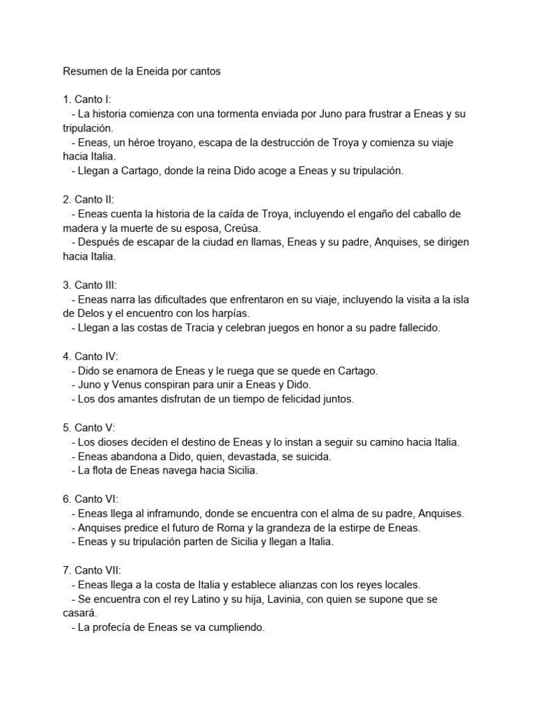 Resumen de La Eneida Por Cantos | PDF | Eneas | Eneida