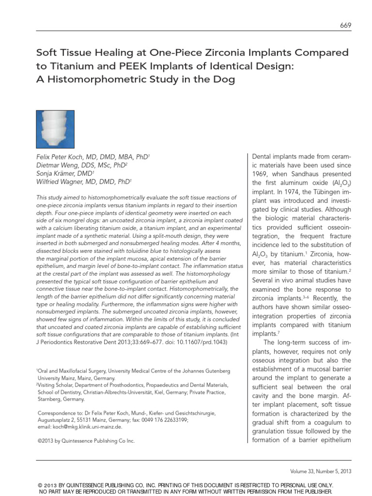 Soft Tissue Healing at One-Piece Zirconia Implants Compared To Titanium ...