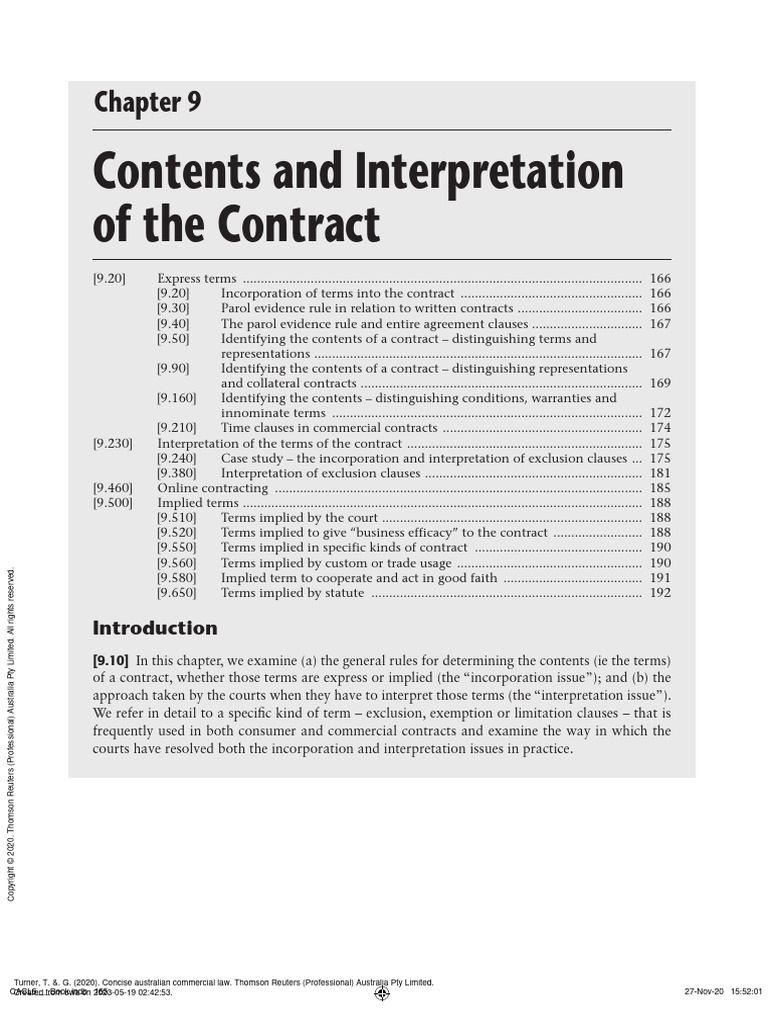 Concise Australian Commercial Law - (Chapter 9 Contents and Interpretation of The Contract ...