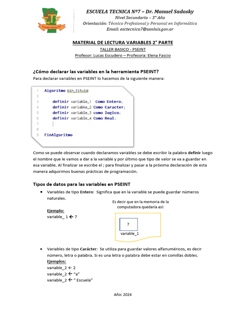 Material de Lectura Variables 2° Parte | PDF | Variable (informática ...