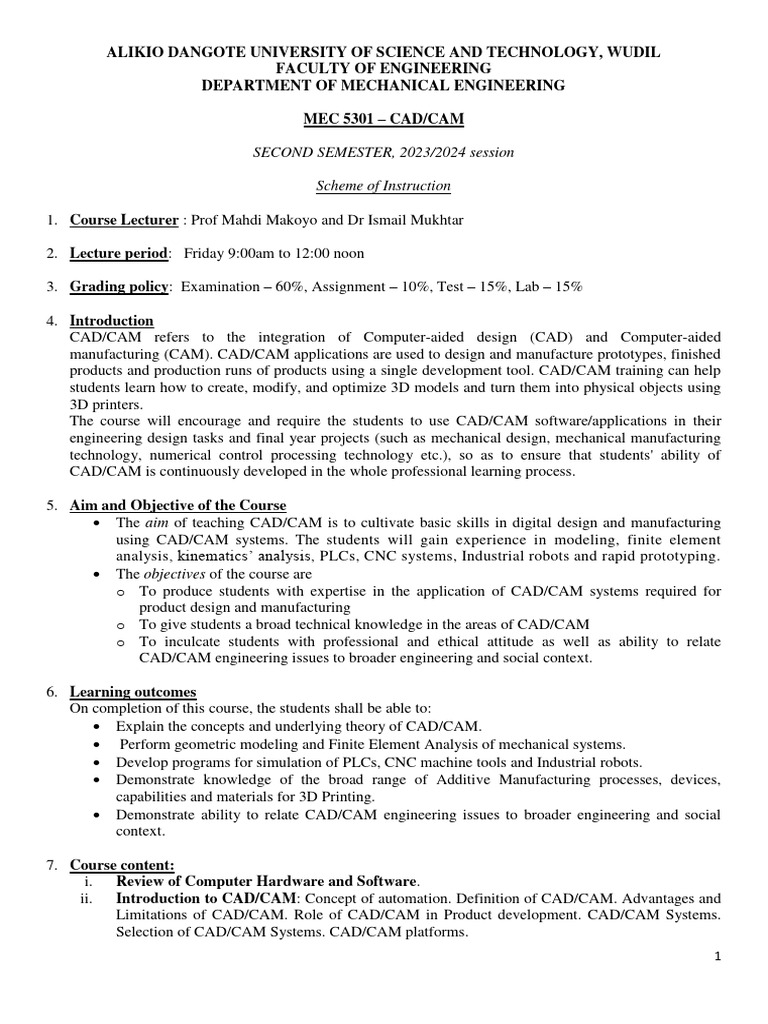 Course Scheme MEC 5301 KUST 2k24 | PDF | Computer Aided Design | 3 D Printing