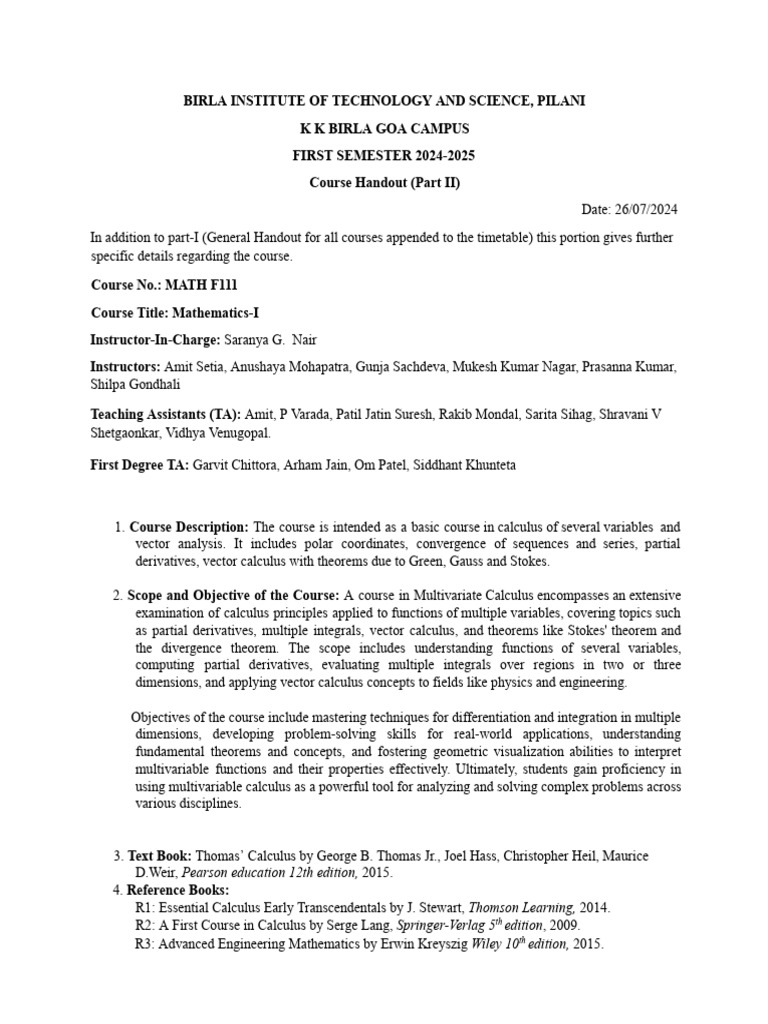 Course Handout Mathematics - I (MATH F111) | PDF | Euclidean Vector ... Course Handout Mathematics - I (MATH F111) | PDF | Euclidean Vector ...