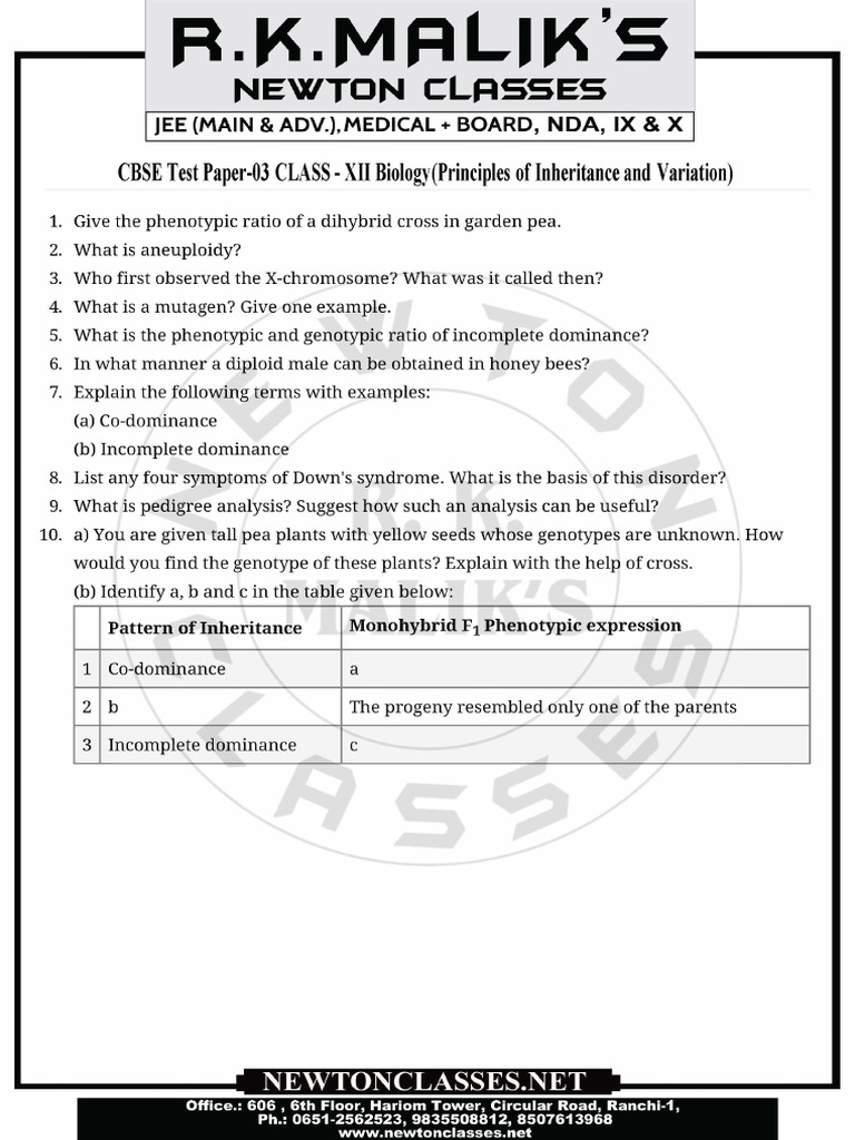 Principles of Inheritance and Variation T3 BB | PDF