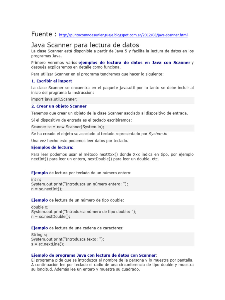 Lectura Por Teclado Clase Scanner | PDF | Java (lenguaje de programación) | Cadena (informática)