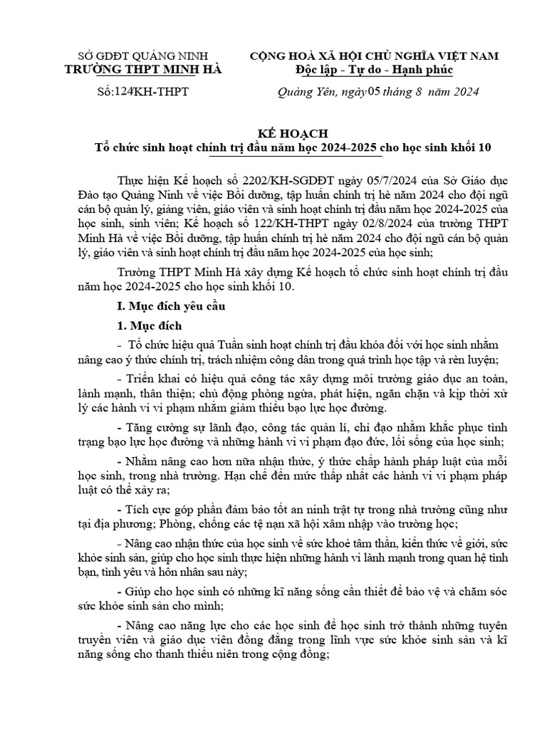 KH Sinh Hoat Chinh Tri Khối 10 2024-2025 | PDF