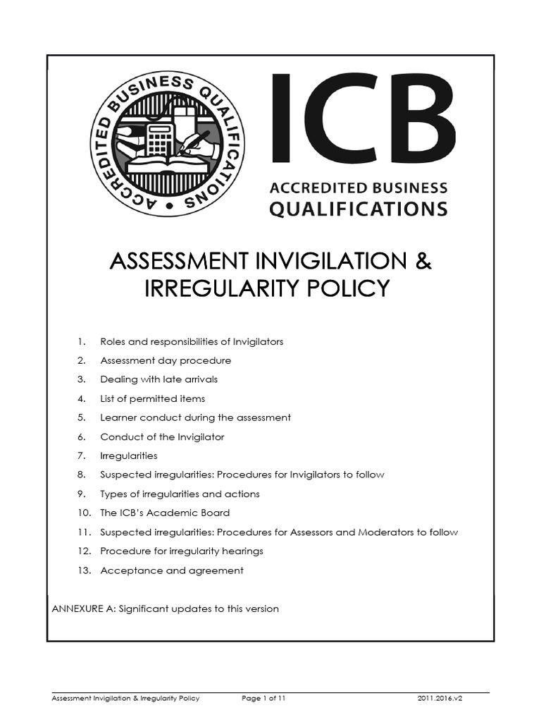 Icb Assessment Invigilation Policy | PDF | Educational Assessment ...