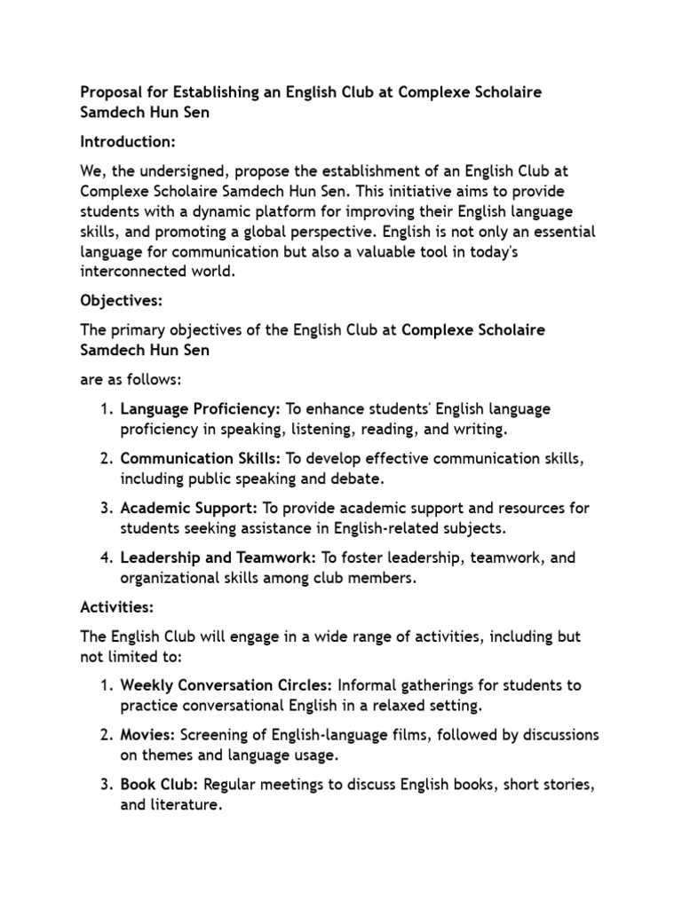 English Club Proposal for Students | PDF