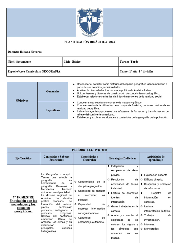 Planif 2024 Geograf 1º1 | PDF | Mapa | Geografía
