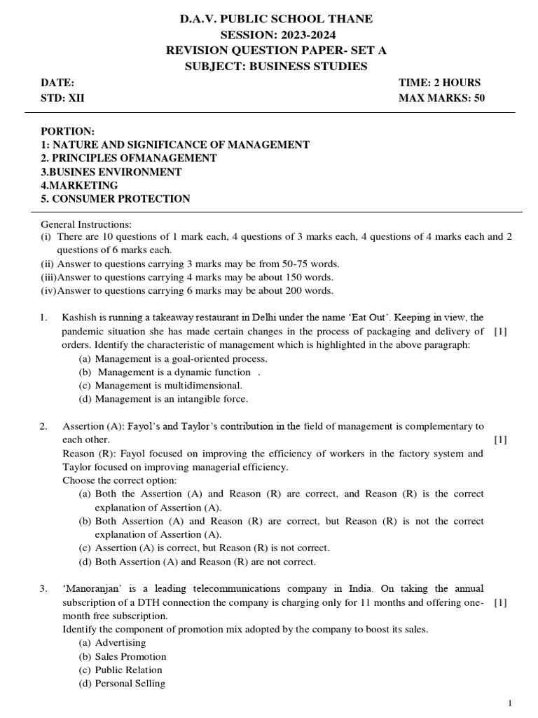 Class 12 B ST T1 TH QP 23-24 (A) - 50 MARKS | PDF | Marketing | Market ...