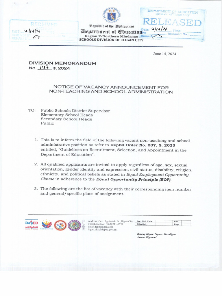 DM 167 S., 2024 - Notice of Vacancy Announcement No. 076 Non-Teaching ...