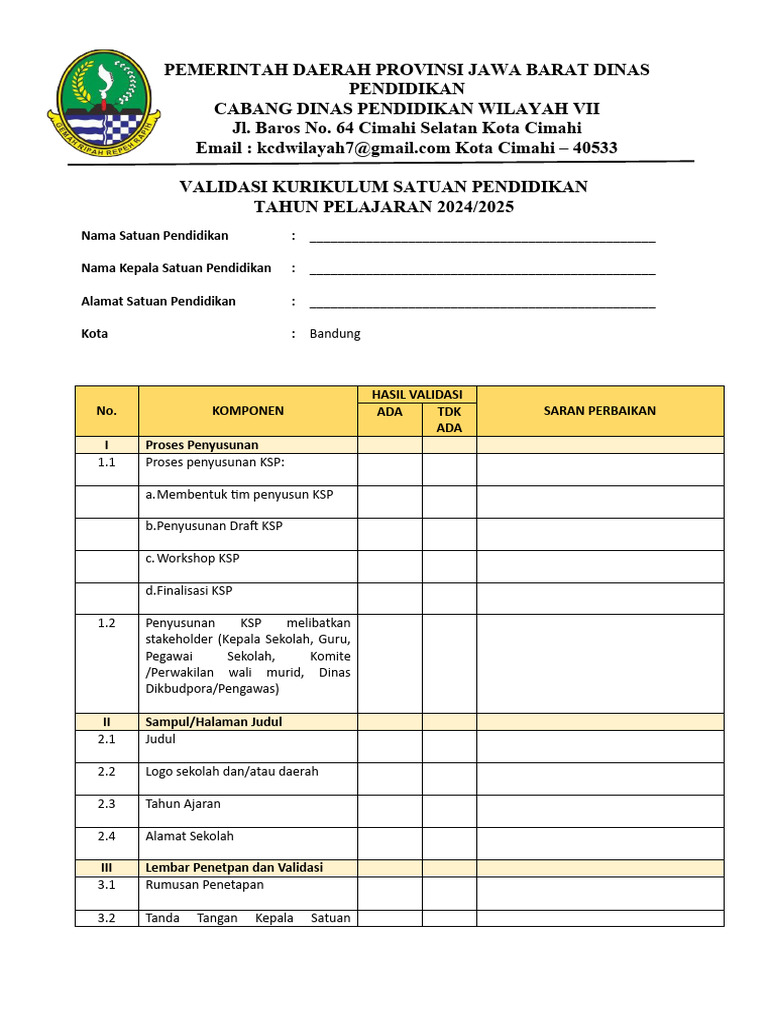 Instrumen Validasi Kurikulum Satuan Pendidikan 2024 - 25 | PDF