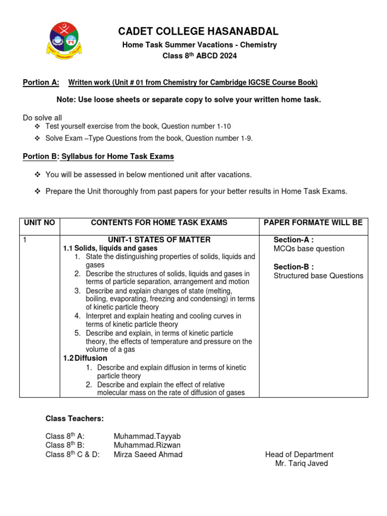 Chemistry 8ABCD Summer Home Task 2024 | PDF | Gases | Liquids