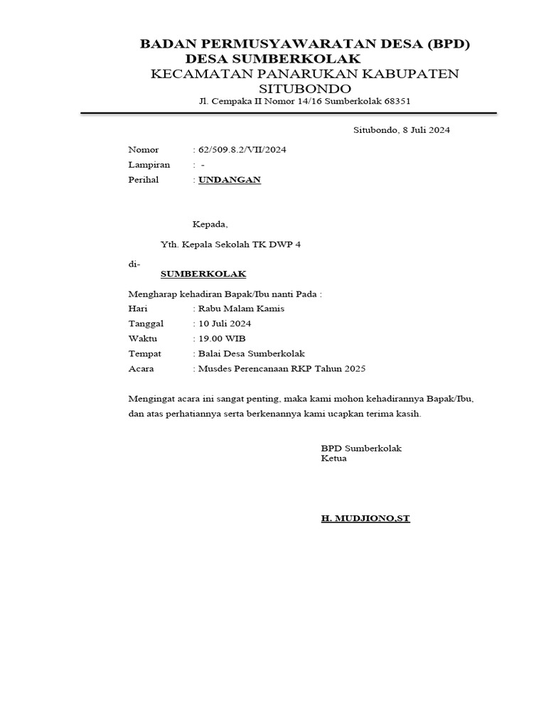 Undangan Musdes RKP 2025 Sumberkolak | PDF