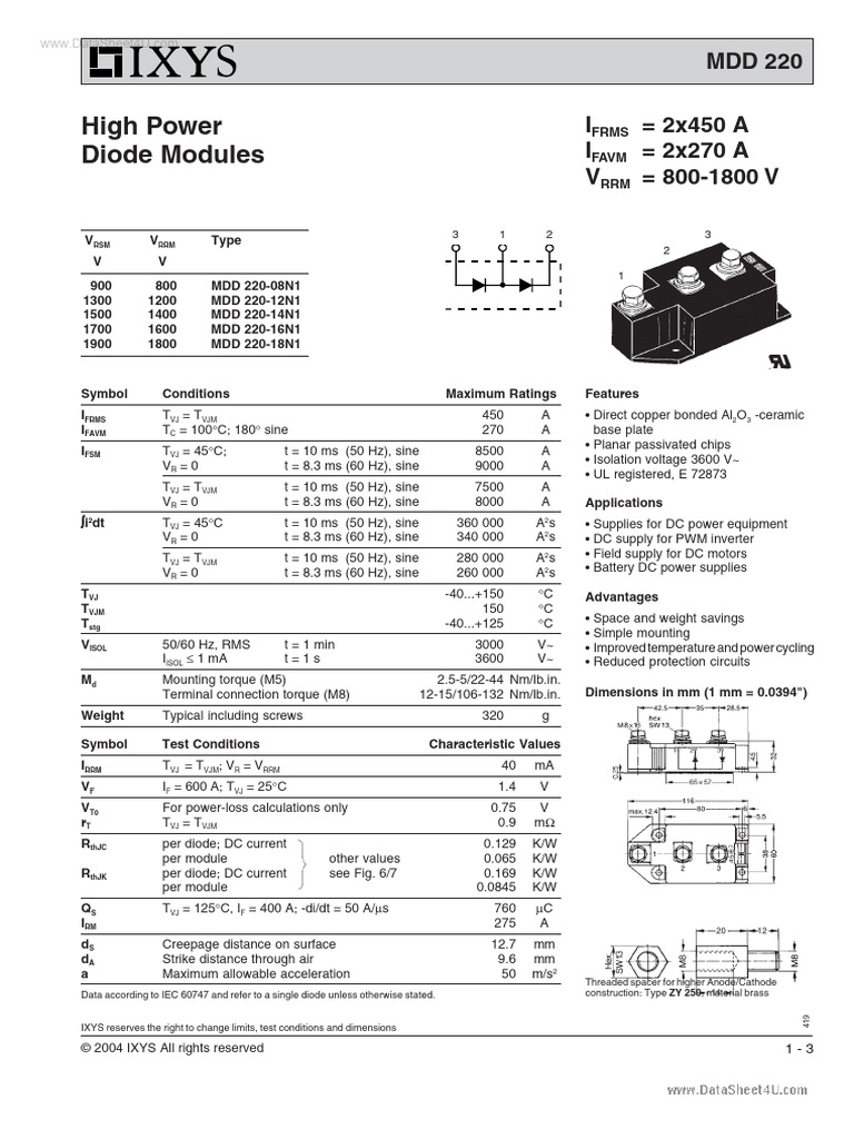 MDD220-08N1-IXYS Corporation | PDF | Rectifier | Power Inverter