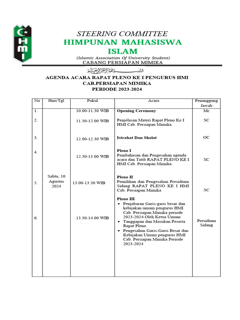 Agenda Acara Rapat Pleno Ke I HMI Cabang Persiapan Mimika | PDF