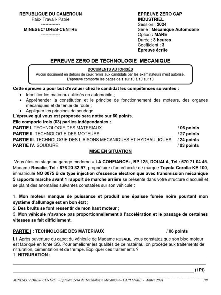 Epreuve Zero de TECHNO MECA CAPI 2024 | PDF | Embrayage | Soudage