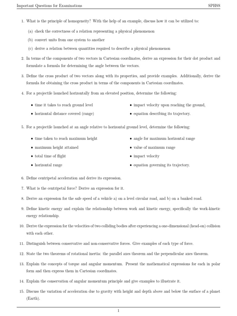 30 Important Questions Class XI | PDF | Velocity | Force