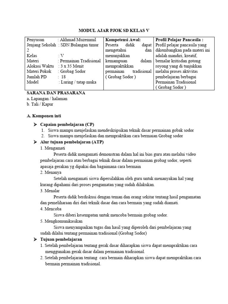 MODUL AJAR PJOK SD KELAS V Grobag Sodor | PDF