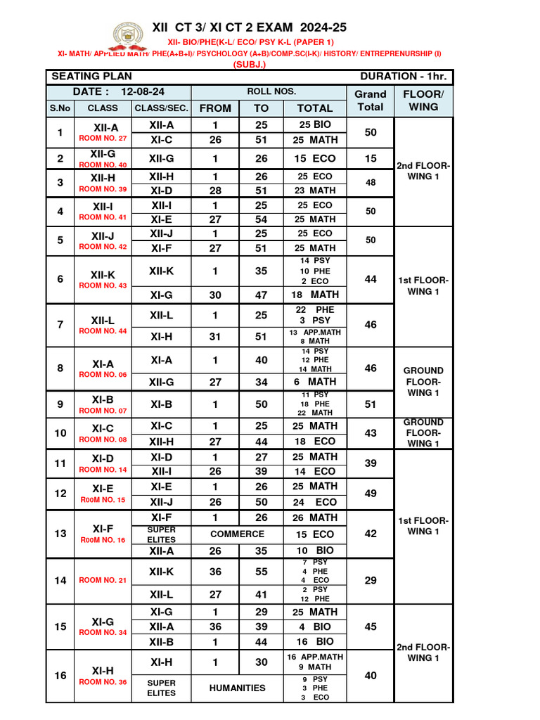 Xi CT 2-Xii CT 3 Seating Plan Dt. 12.08.24 | PDF
