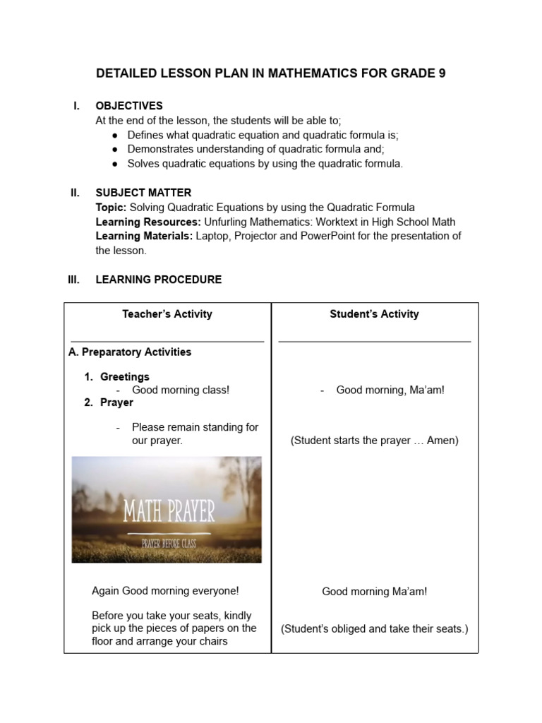 Detailed Lesson Plan in Mathematics For Grade 9 | PDF | Quadratic ...