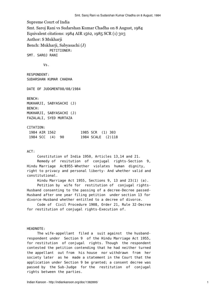 Smt. Saroj Rani Vs Sudarshan Kumar Chadha On 8 August, 1984 | PDF | Marriage | Divorce