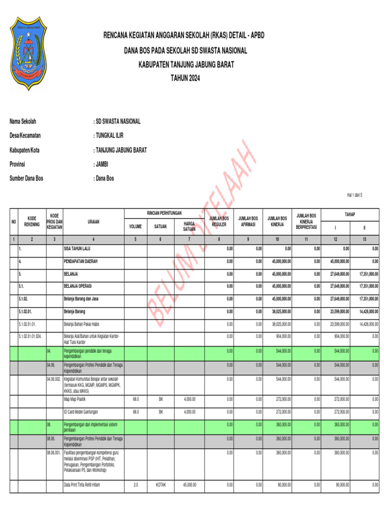 Rkas Boskin SD Nasional Tahun 2024 | PDF