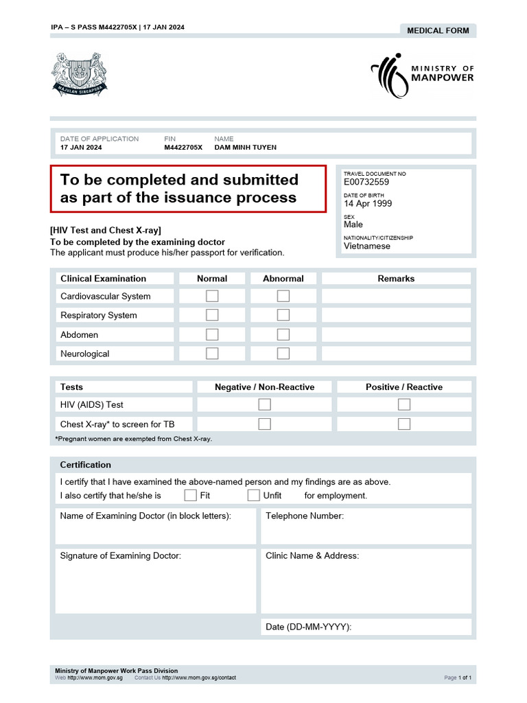 Medical Form for S Pass Application | PDF | Medical Specialties ...