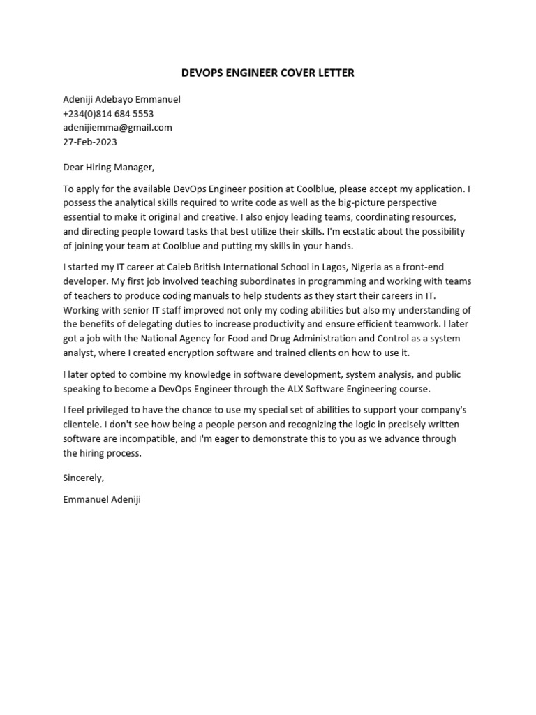 Devops Engineer Cover Letter | PDF Devops Engineer Cover Letter | PDF