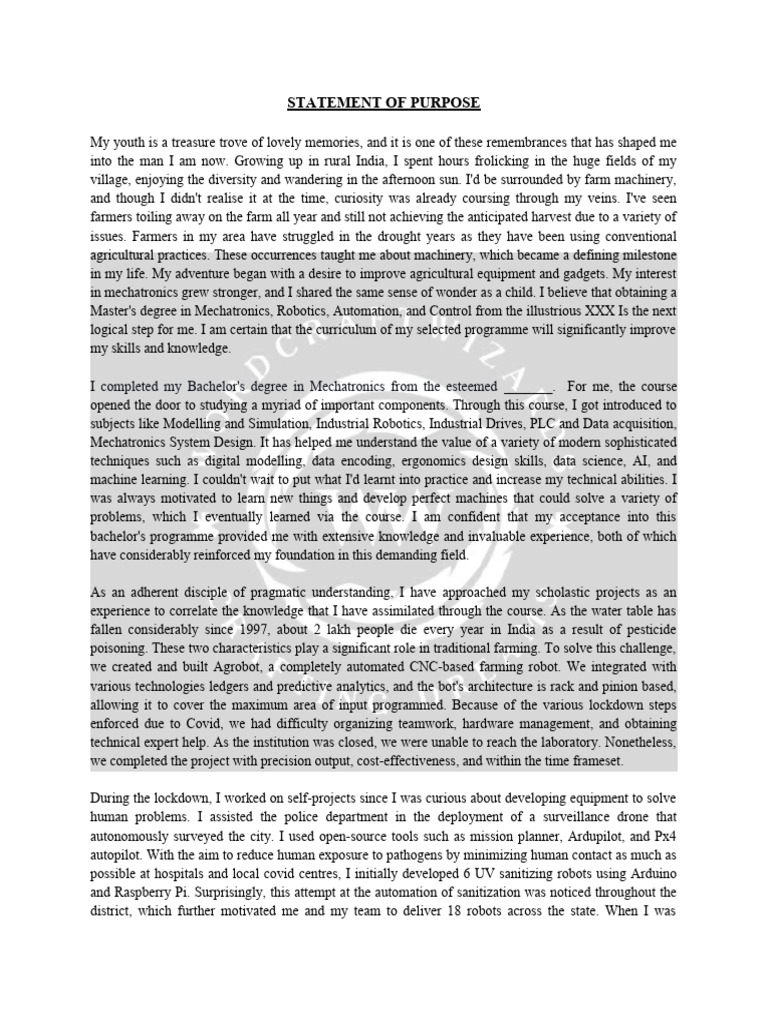 Mechatronics Sample SOP | PDF | Artificial Intelligence | Intelligence ...