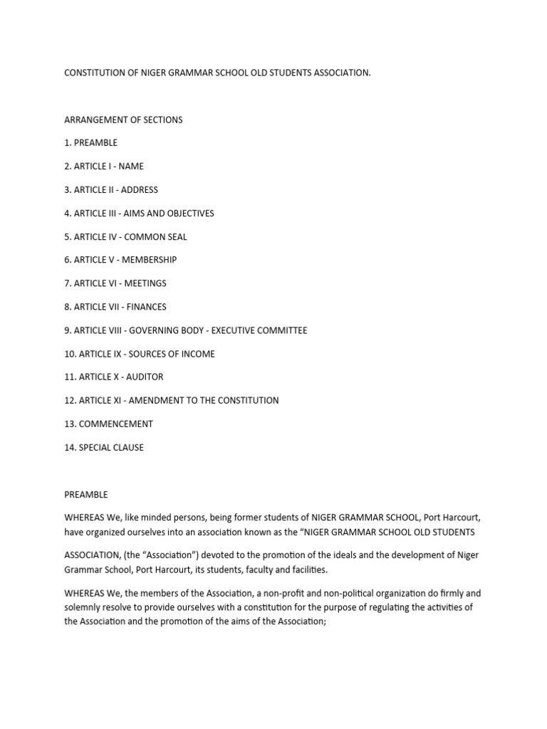 Niger Grammar School Alumni Constitution | PDF | Presidents Of The ...