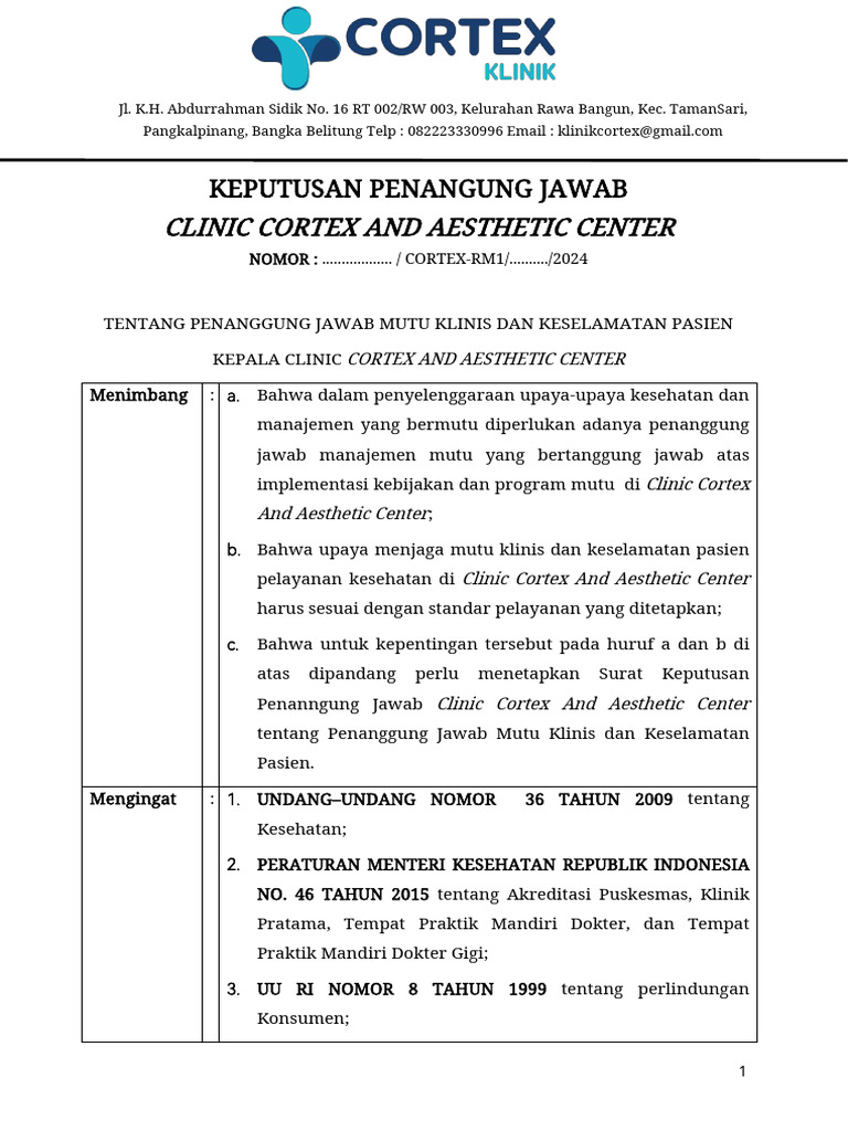 SK Tentang Penanggung Jawab Mutu Klinis Dan Keselamatan Pasien | PDF