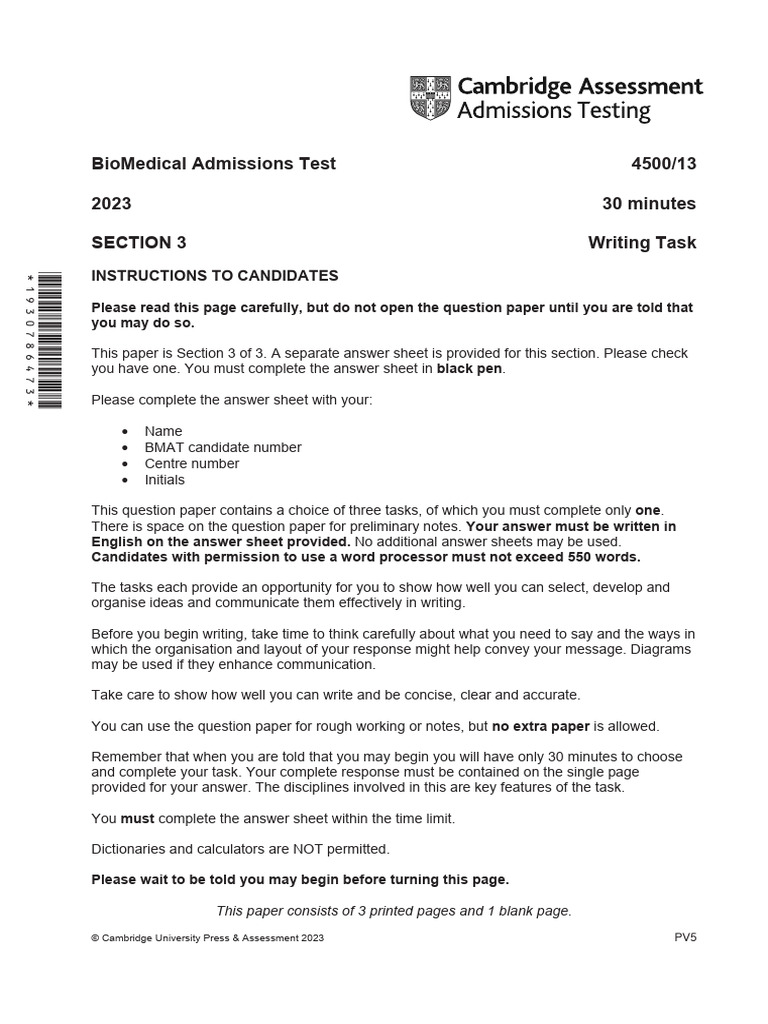 BMAT 2023 S3 Question Paper | PDF