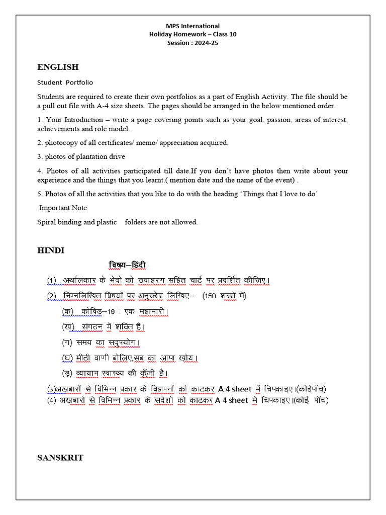 Class 10 Holiday Homework Overview | PDF | Equations | Polynomial