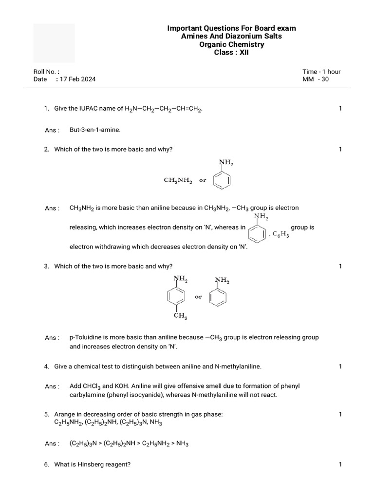 Amines and Diazonium Salts Questions Ans-1 | PDF | Amine | Chemistry