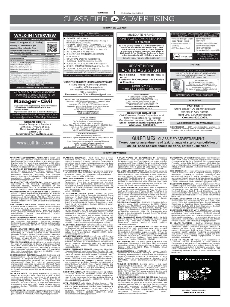 Classified Advertising: Manager - Civil | PDF | Car Rental