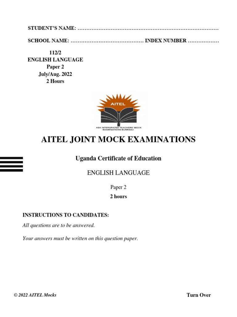 S4 English Paper 2 Aitel Joint Mock Examinations 2022. | PDF ...