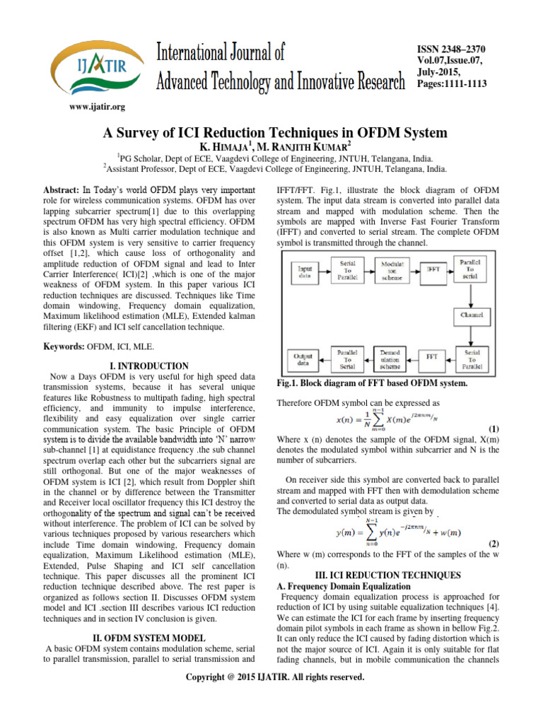 A Survey Of Ici Reduction Techniques In Ofdm System Pdf Orthogonal