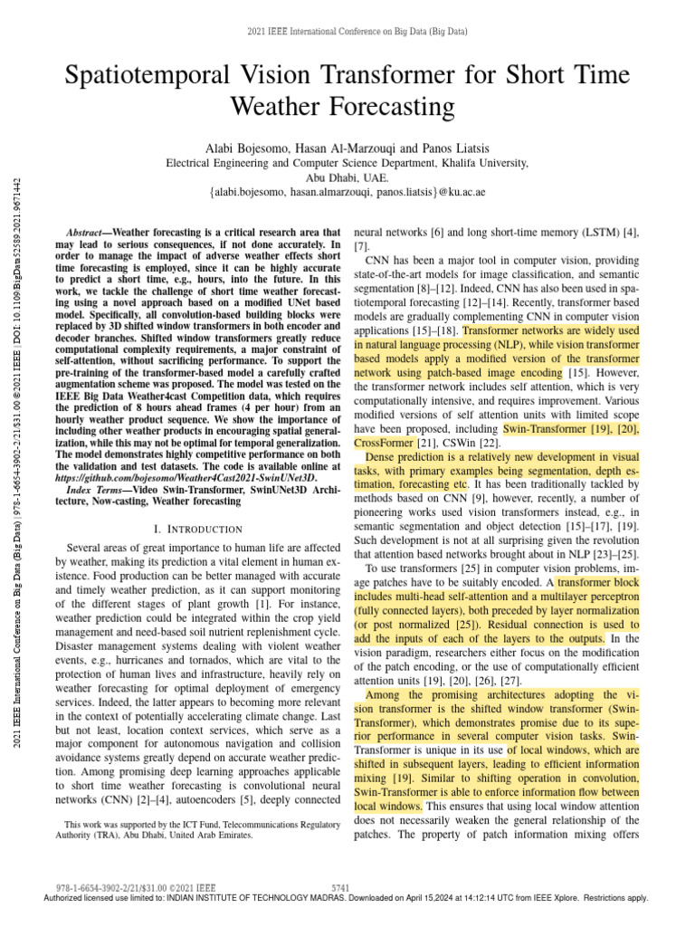 Spatiotemporal Vision Transformer For Short Time Weather Forecasting ...