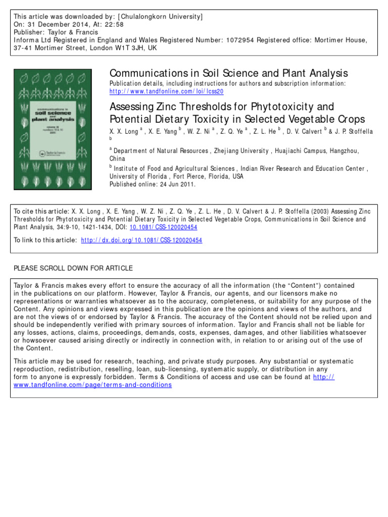Assessing Zinc Thresholds for Phytotoxicity in Vegetable | PDF | Zinc ...