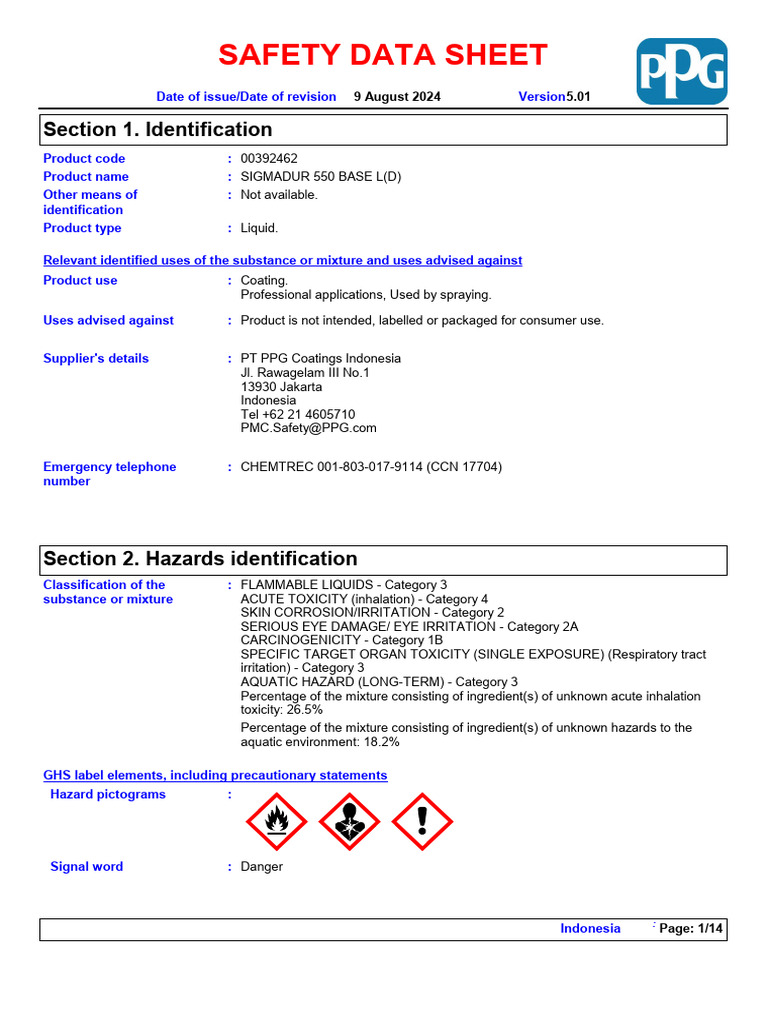 Sigmadur 550 Base L Safety Data Sheet | PDF | Dangerous Goods | Toxicity