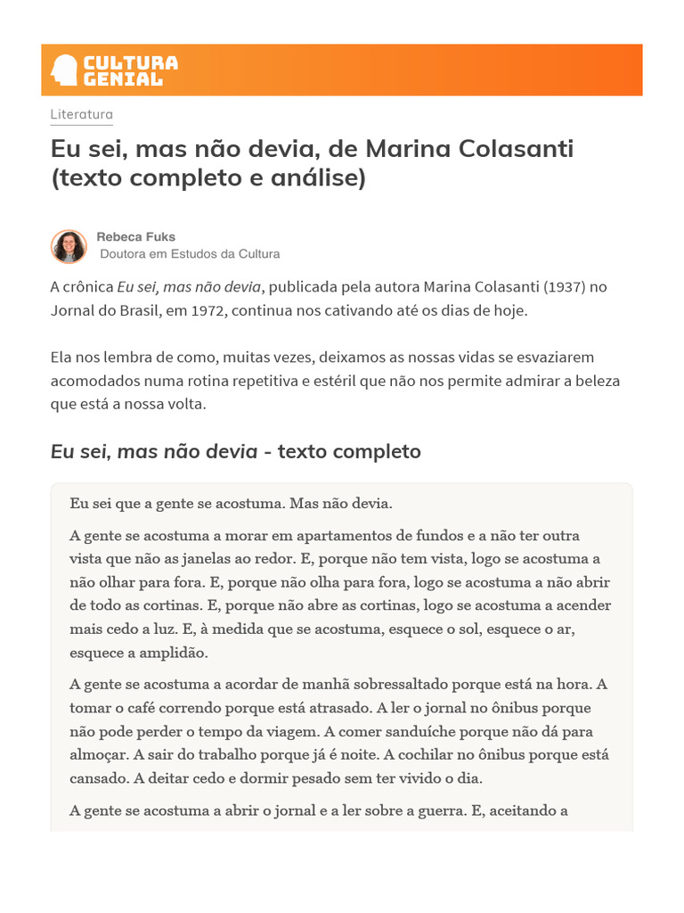 Eu Sei, Mas Não Devia, de Marina Colasanti (Texto Completo e Análise ...