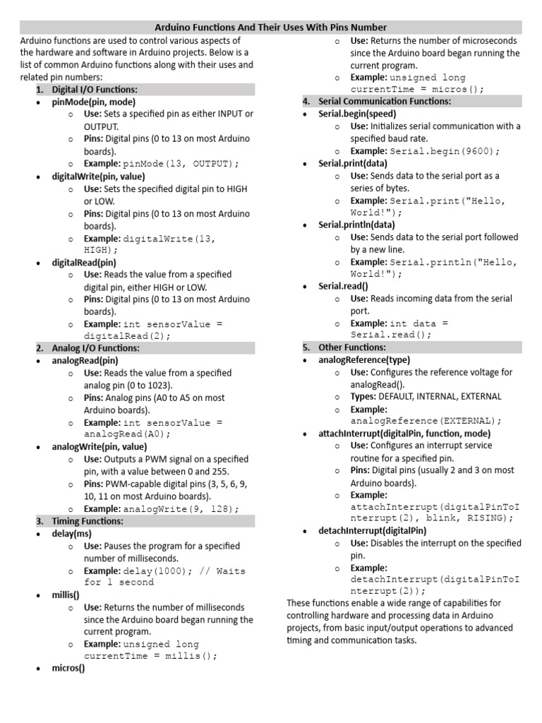 Arduino Functions And Their Uses With Pins Number Pdf Arduino Computer Hardware 6580