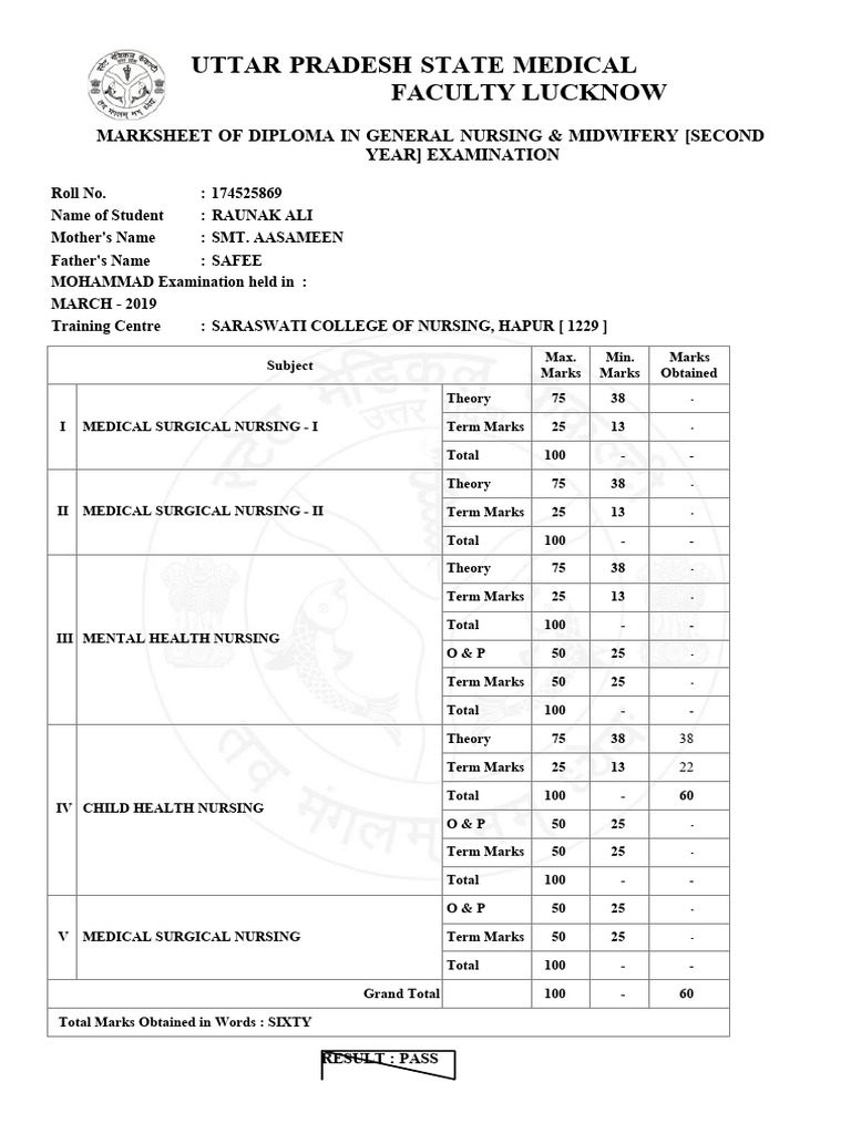 520038240-Print-Marksheet-2nd-year-pass | PDF | Nursing | Health Sciences