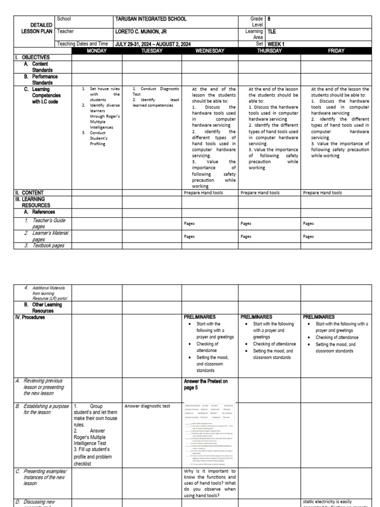 Tle 10 DLL Week 1 | PDF | Learning | Behavior Modification